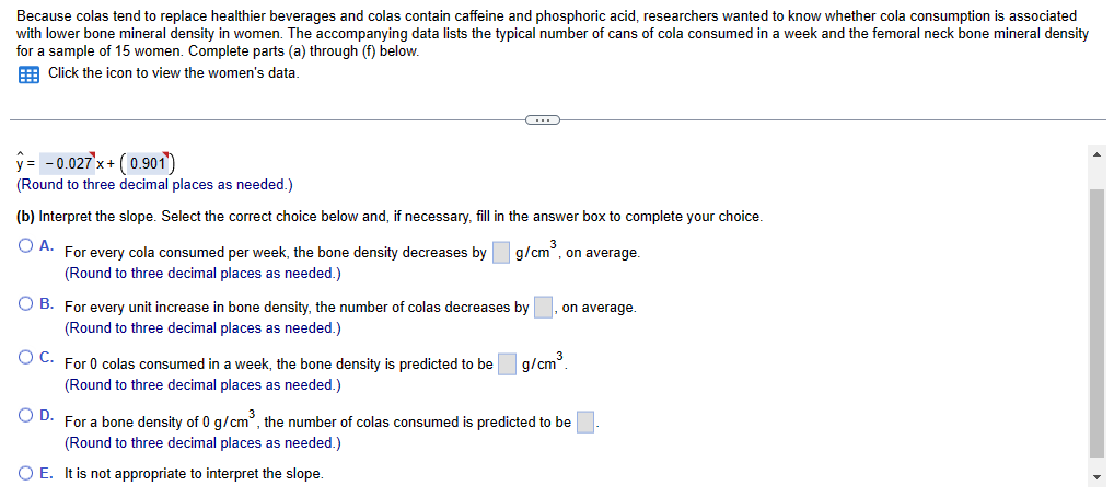 Solved Colas per week Bone Mineral Density (grams per | Chegg.com