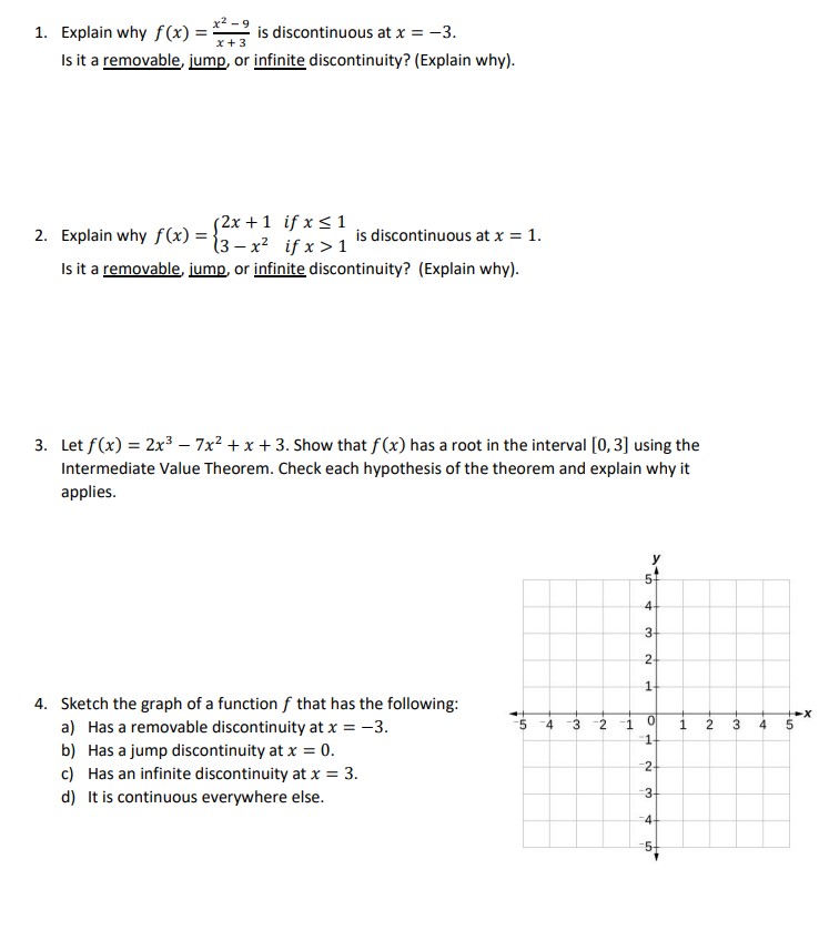 Solved 1. Explain why f(x)=x+3x2−9 is discontinuous at x=−3. | Chegg.com