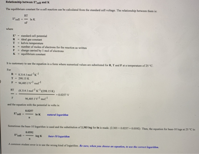 Solved Relationship between Ecell and K The equilibrium | Chegg.com
