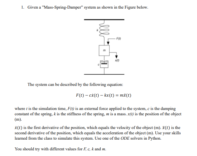 Solved 1. Given a "Mass-Spring-Damper" system as shown in | Chegg.com