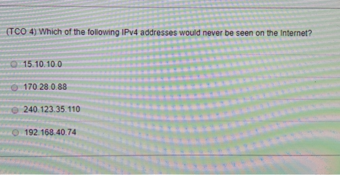 Solved (TCO 4) Which of the following IPV4 addresses would | Chegg.com