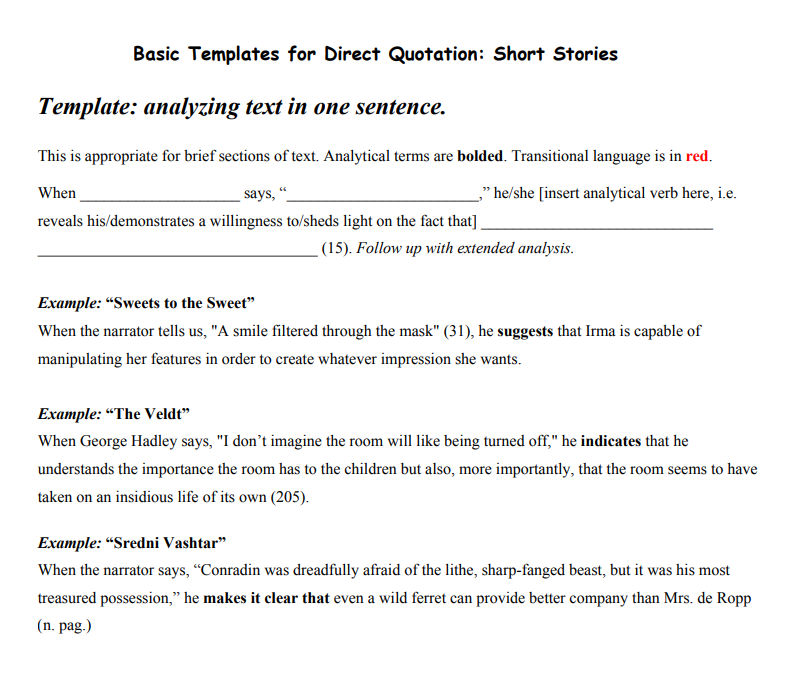 Basic Templates for Direct Quotation: Short Stories | Chegg.com