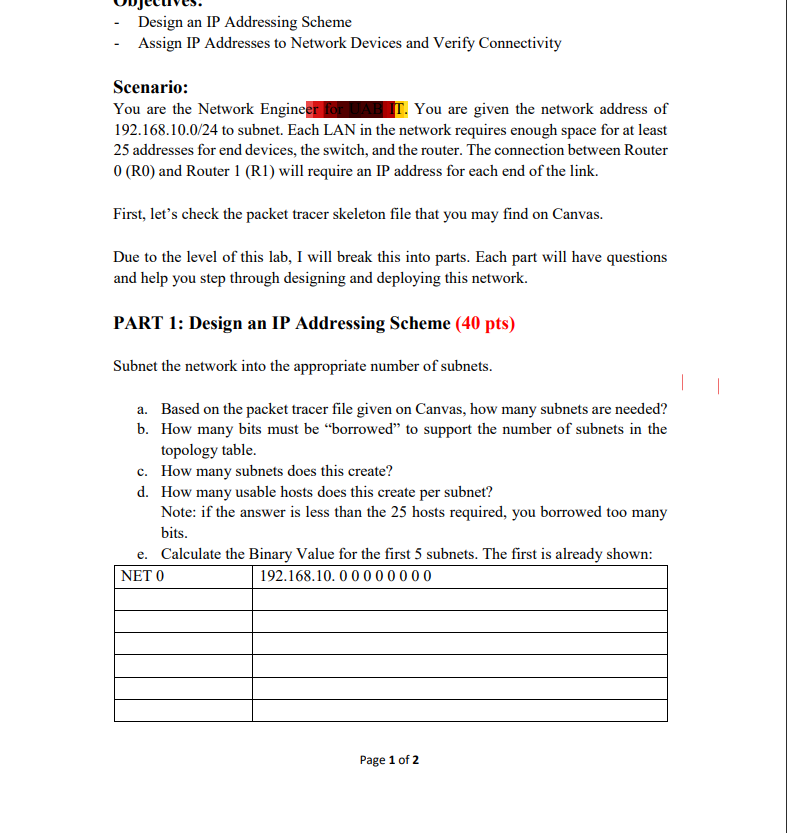 Solved - Assign IP Addresses to Network Devices and Verify | Chegg.com