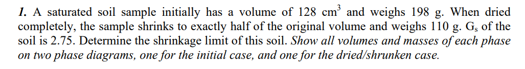 Solved 1. A saturated soil sample initially has a volume of | Chegg.com