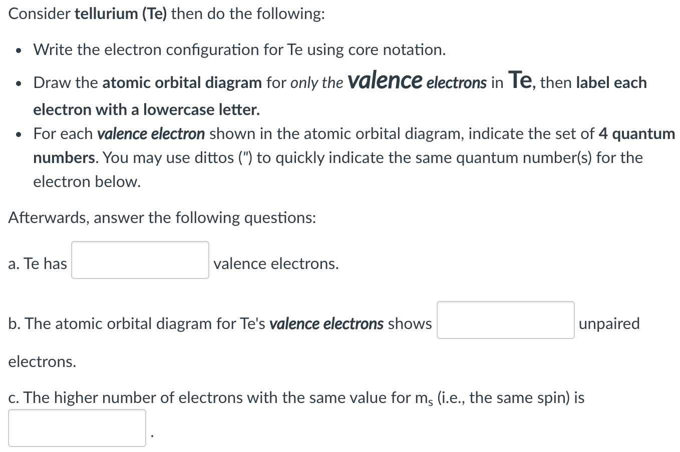 Solved Consider tellurium (Te) then do the following: • | Chegg.com