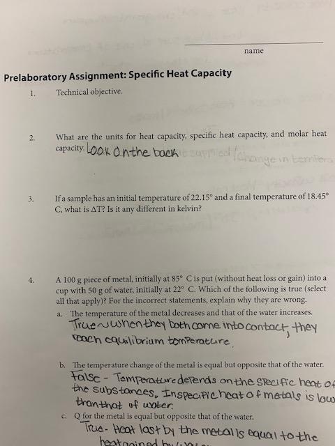 Solved name Prelaboratory Assignment: Specific Heat Capacity | Chegg.com
