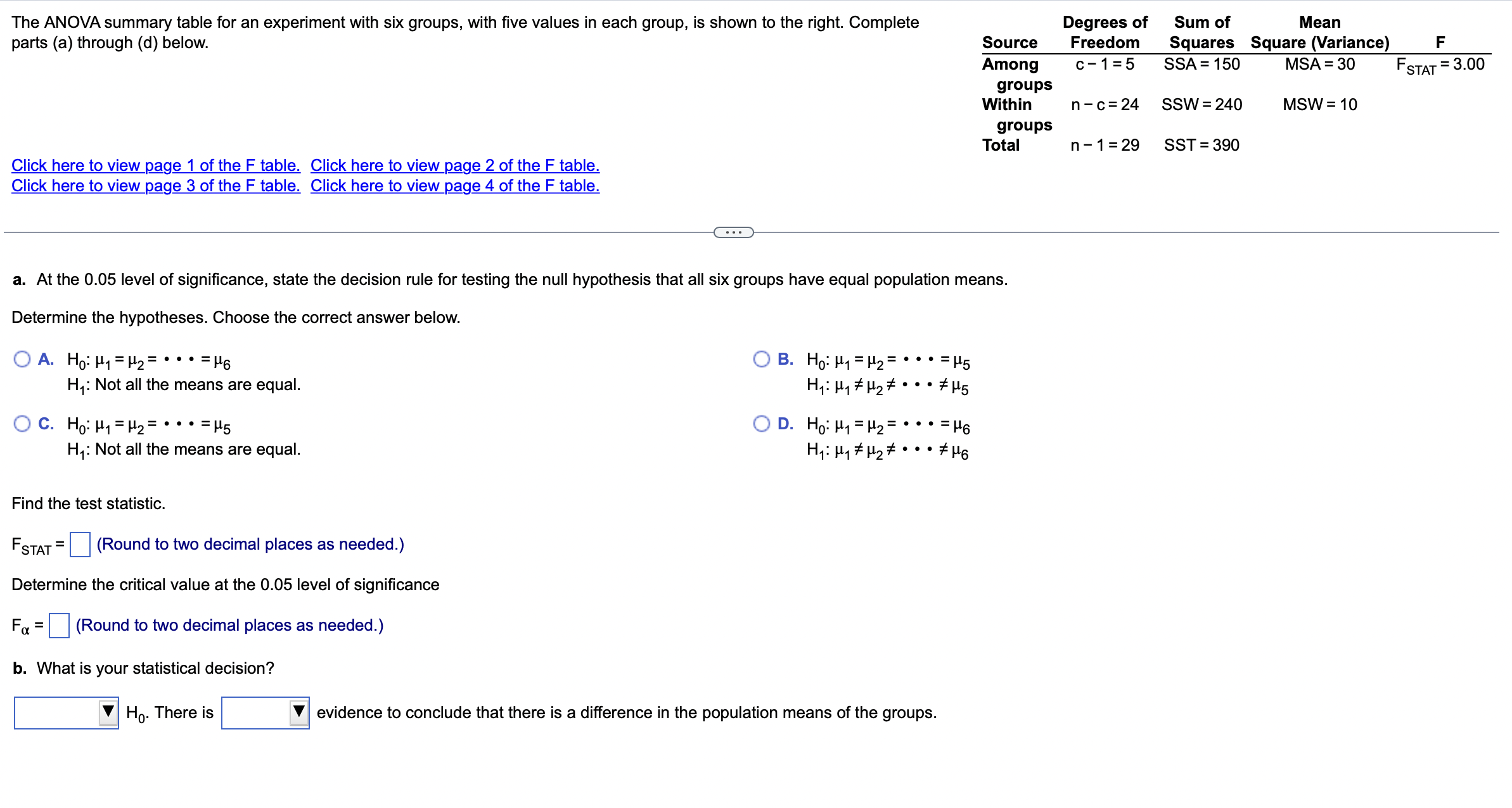 Solved The ANOVA summary table for an experiment with six | Chegg.com