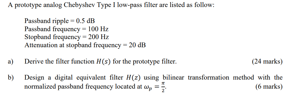 Solved A prototype analog Chebyshev Type I low-pass filter | Chegg.com