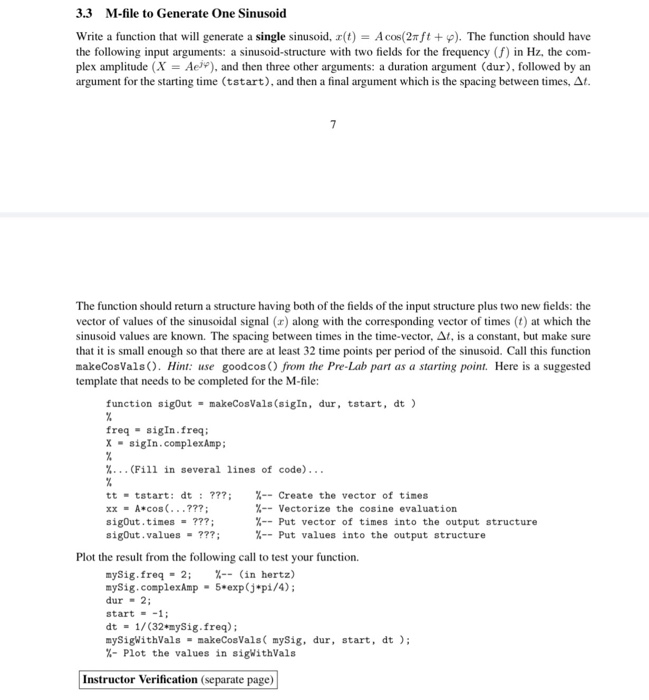 Solved 3.3 M-file to Generate One Sinusoid Write a function | Chegg.com