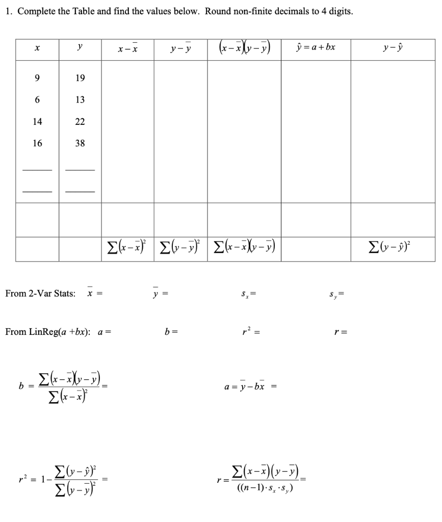 Solved 1. Complete the Table and find the values below. | Chegg.com