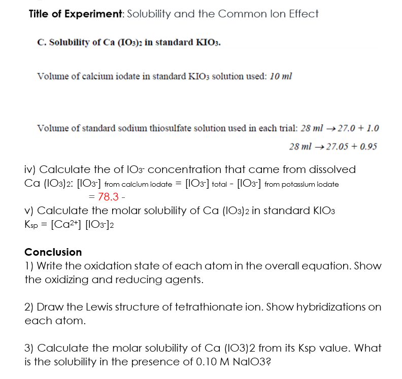 Solved Title of Experiment: Solubility and the Common lon | Chegg.com