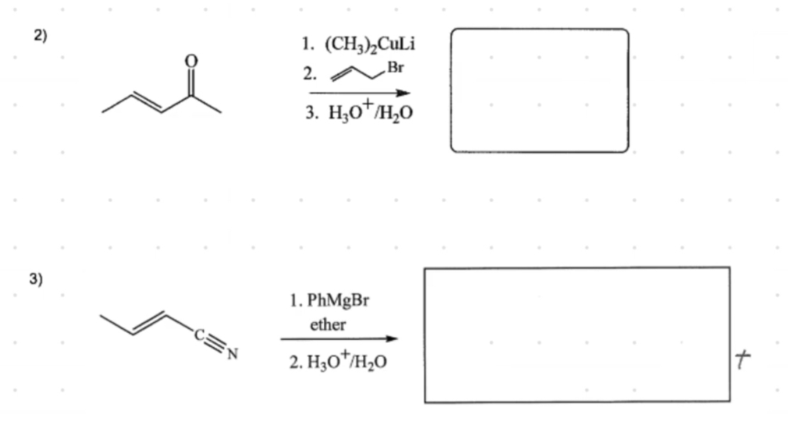 Solved 1. (CH3)2Culi 2. A Br 3. Hz0+1,0 1. PhMgBr ether 2. | Chegg.com