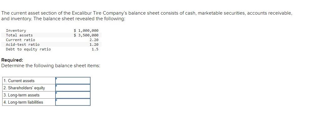 Solved The current asset section of the Excalibur Tire | Chegg.com