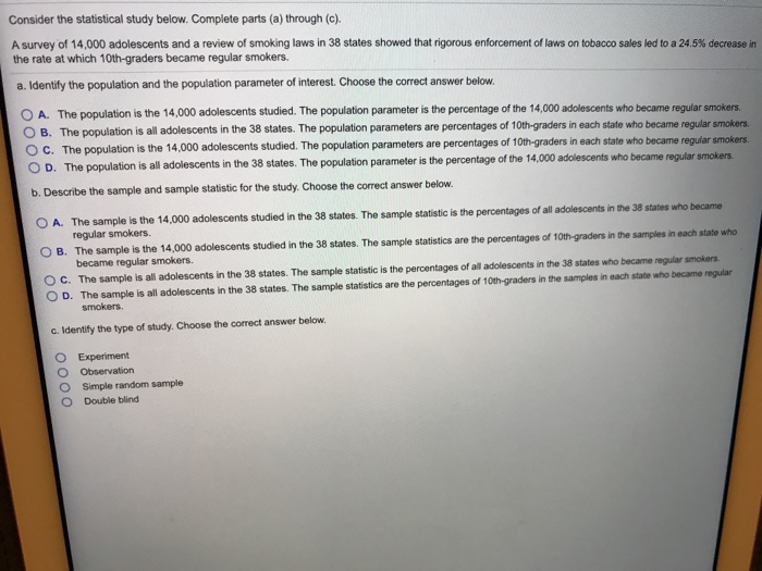 Solved Consider the statistical study below Complete parts | Chegg.com