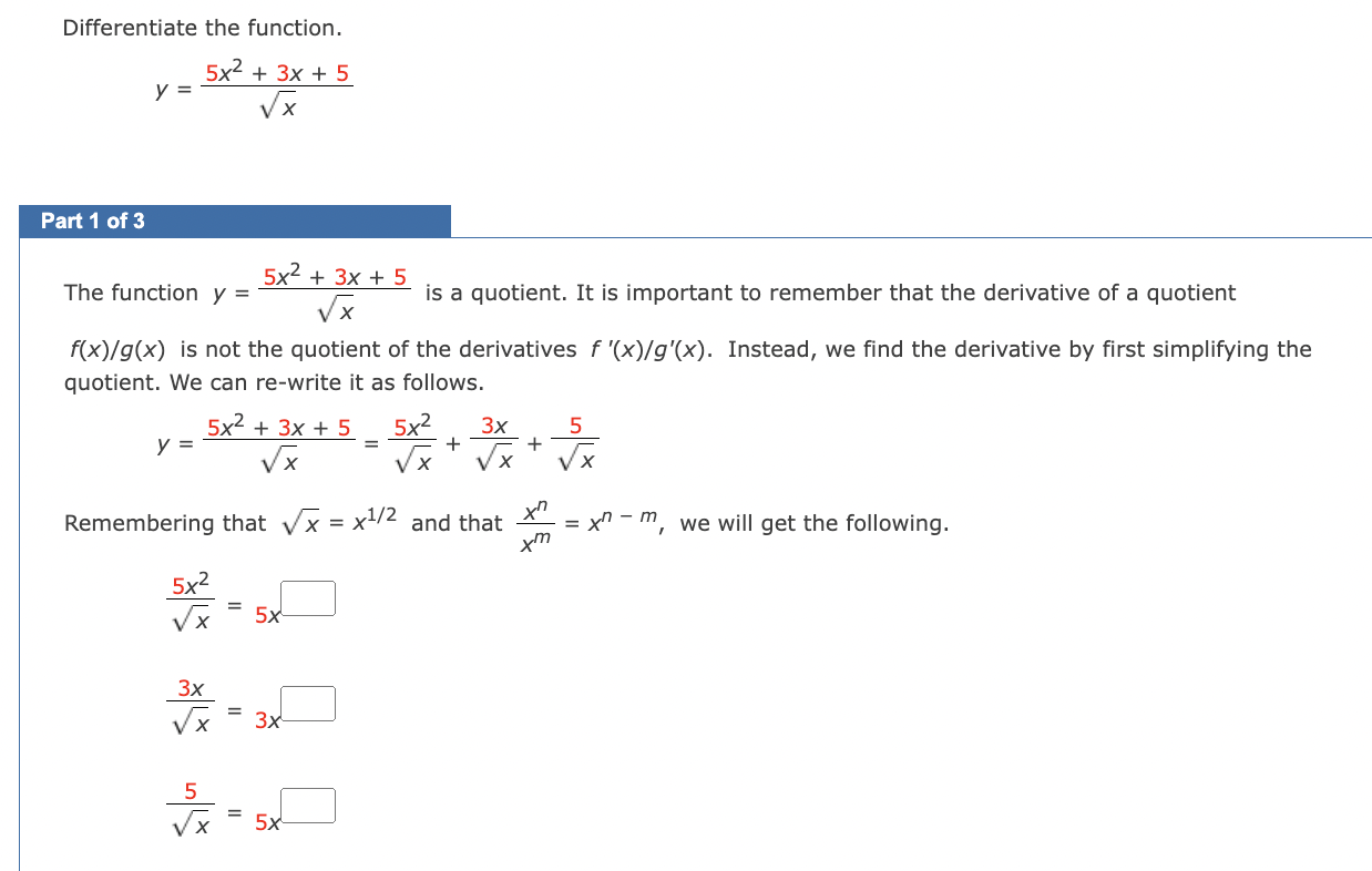 Solved Differentiate the function. y=x5x2+3x+5 Part 1 of 3 | Chegg.com