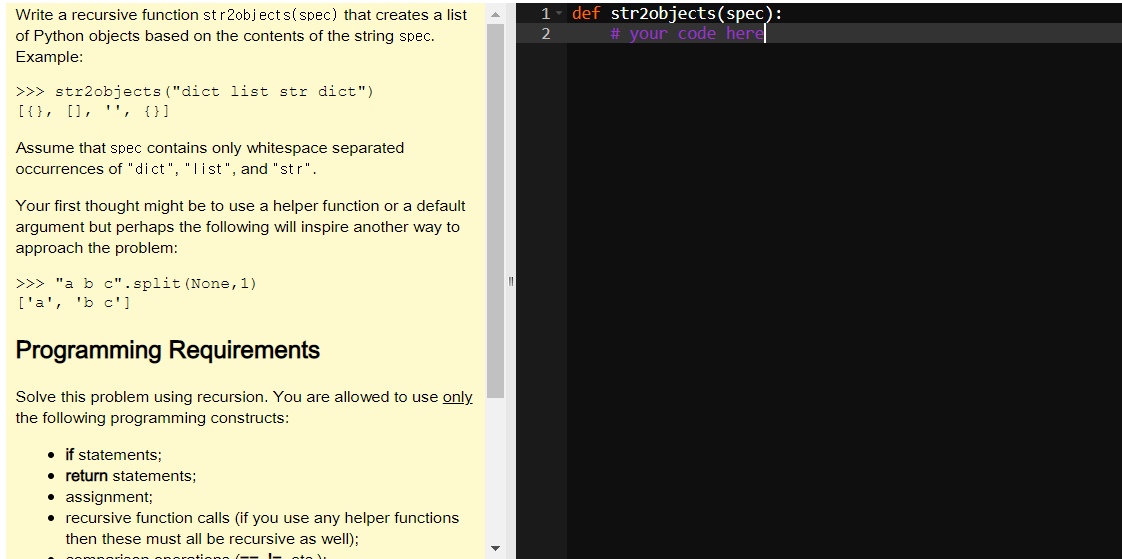 Solved Write a recursive function str 2objects (spec) that | Chegg.com