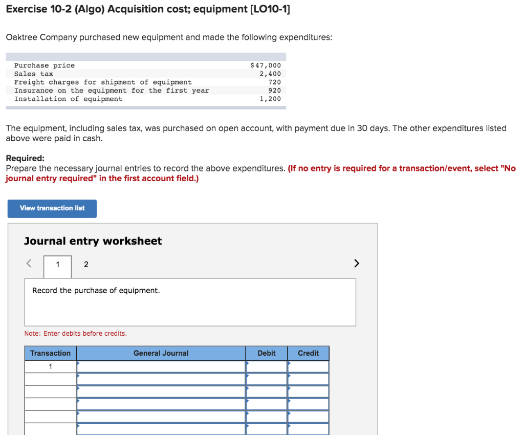 Solved Exercise 10-2 (Algo) Acquisition cost; equipment | Chegg.com