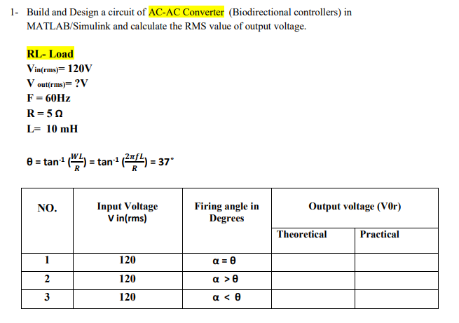 1- Build and Design a circuit of AC-AC Converter | Chegg.com