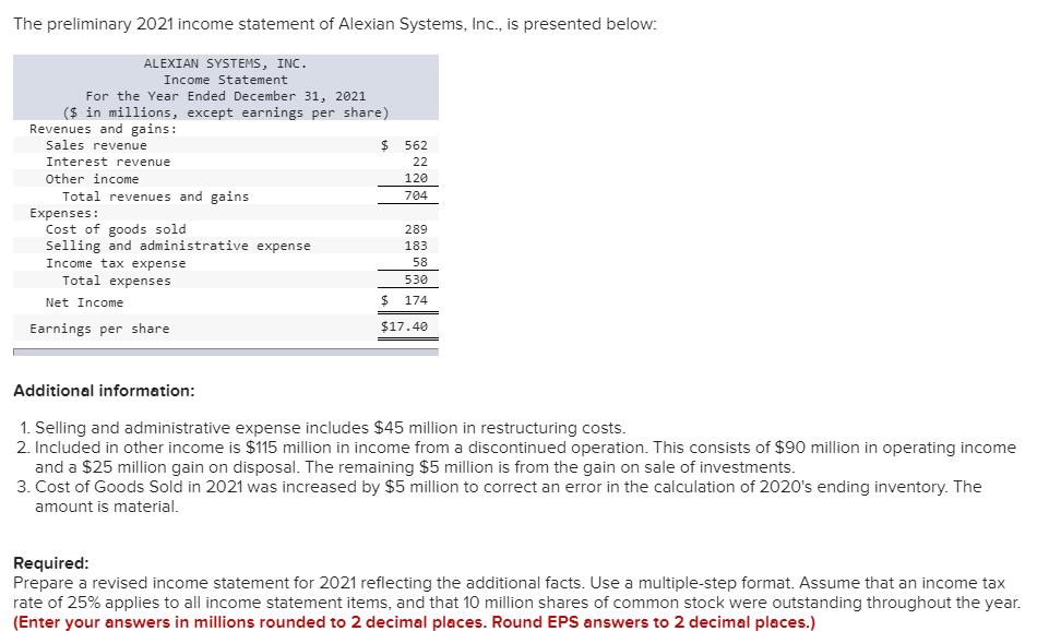 Solved The preliminary 2021 income statement of Alexian | Chegg.com