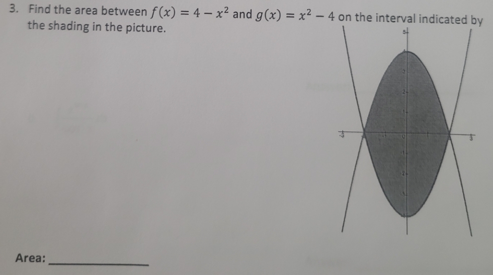 Solved Find the area between f(x)=4-x2 ﻿and g(x)=x2-4 ﻿on | Chegg.com