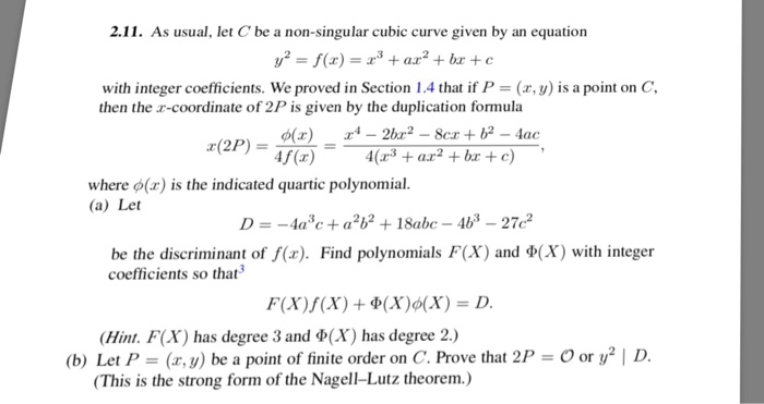 Solved 2.11. As usual, let C be a non-singular cubic curve | Chegg.com