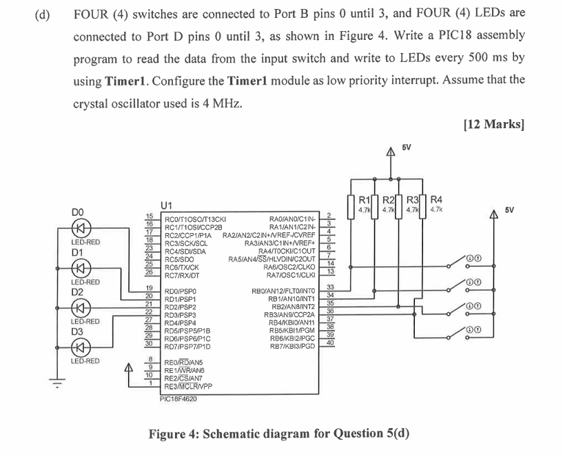 Solved (d) FOUR (4) switches are connected to Port B pins 0 | Chegg.com