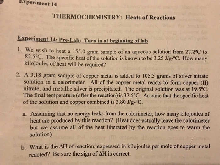 Solved Experiment 14 THERMOCHEMISTRY: Heats of Reactions | Chegg.com
