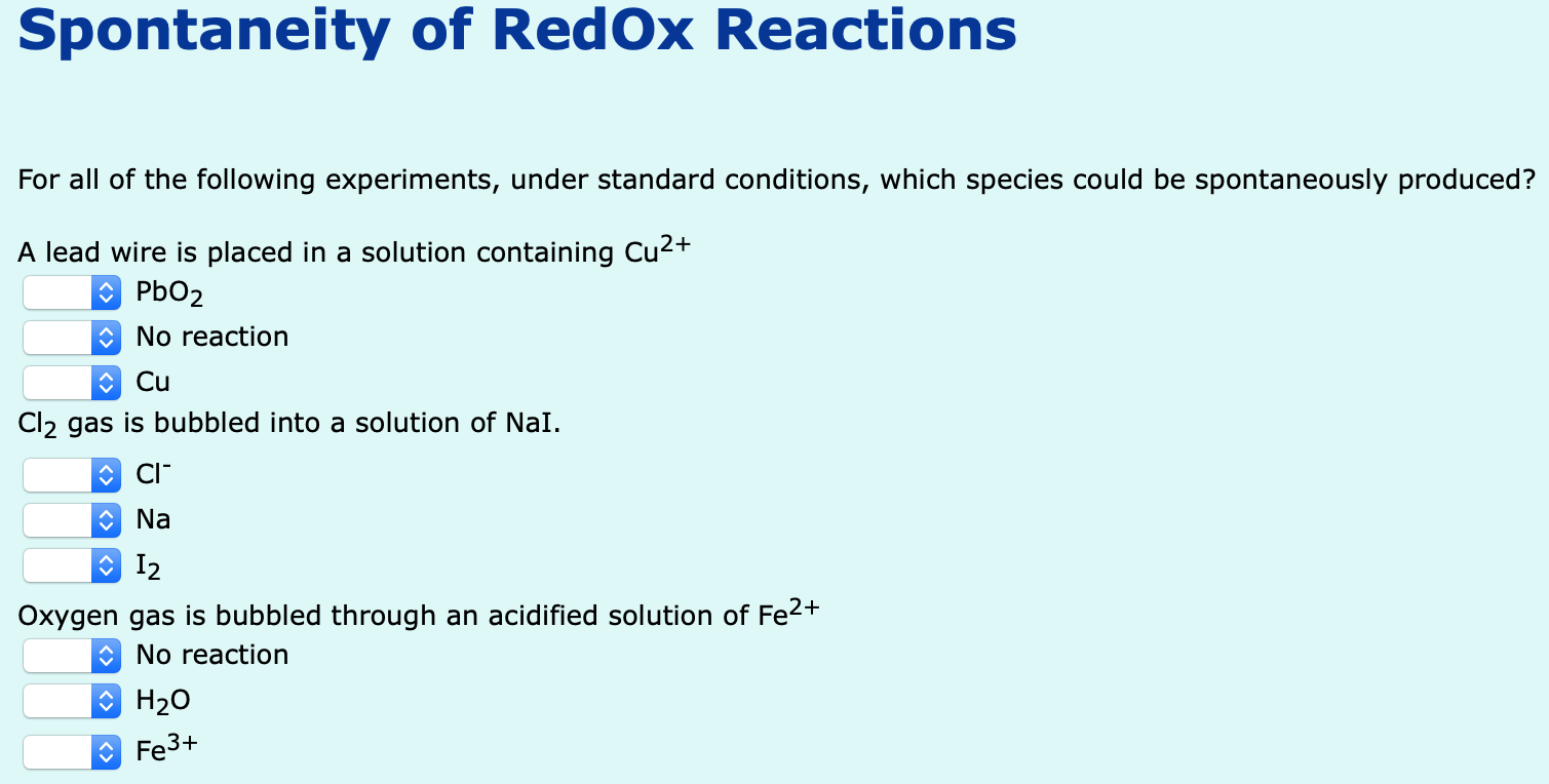Solved Spontaneity of Redox Reactions For all of the | Chegg.com