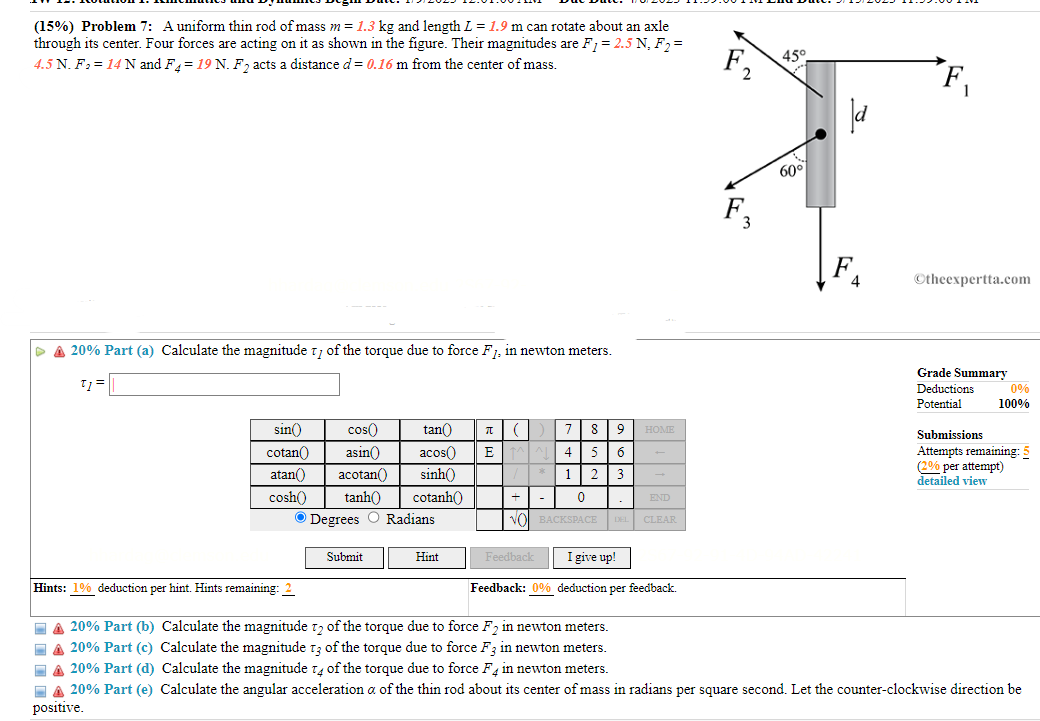 Solved (15\%) Problem 7: A uniform thin rod of mass m=1.3 kg | Chegg.com