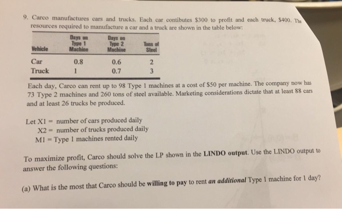 Solved 9. Carco manufactures cars and trucks. Each car | Chegg.com