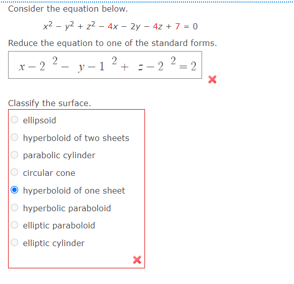 Solved Consider the equation below. x2−y2+z2−4x−2y−4z+7=0 | Chegg.com