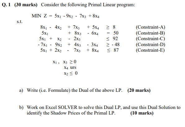 Q1 30 Marks Consider The Following Primal Linear 