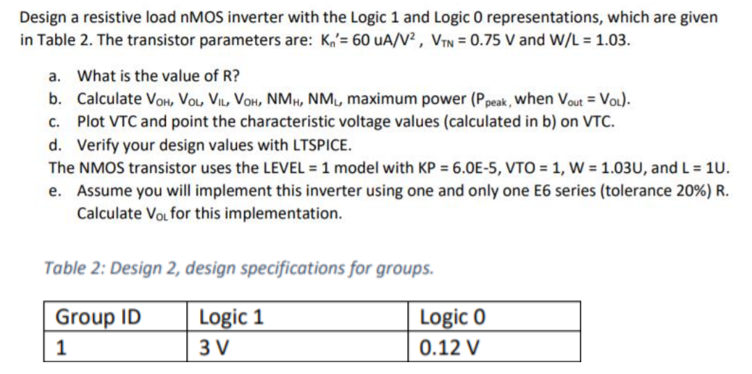 Design a resistive load nMOS inverter with the Logic | Chegg.com