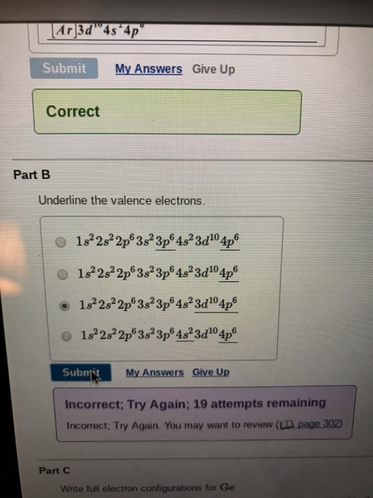 Solved Ar 3d 4s 4p Submit My Answers Give Up Correct Part B | Chegg.com
