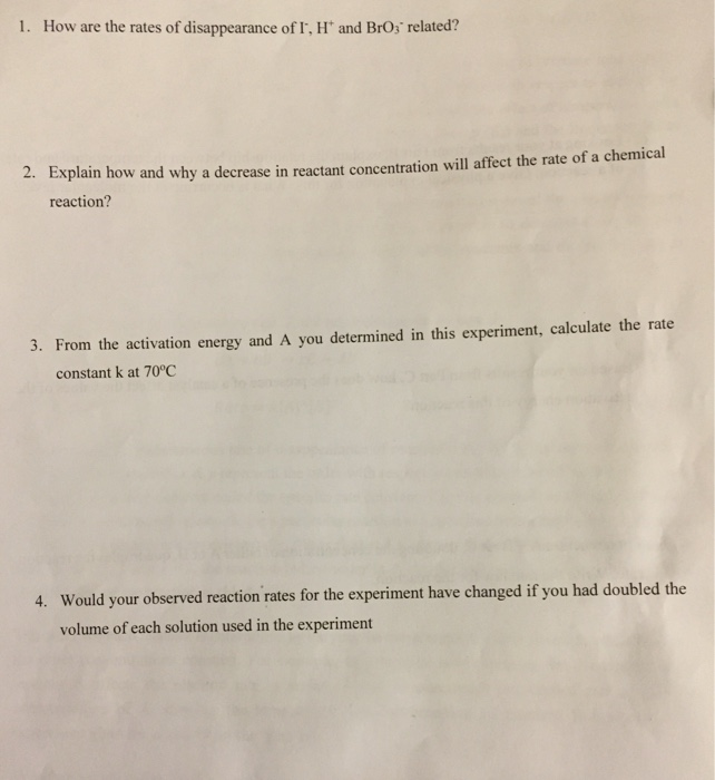 1. How are the rates of disappearance of I, H' and | Chegg.com