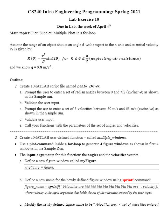 CS240 Intro Engineering Programming: Spring 2021 Lab | Chegg.com