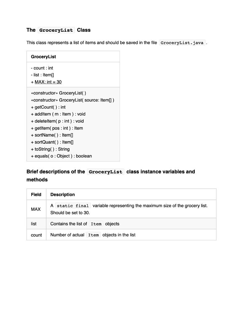 Solved The GroceryList Class This class represents a list of | Chegg.com