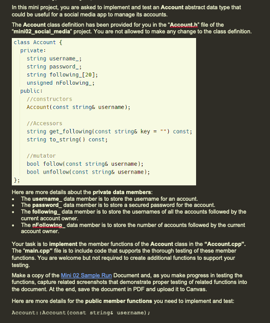 Solved class Account \{ private: string username_; string | Chegg.com
