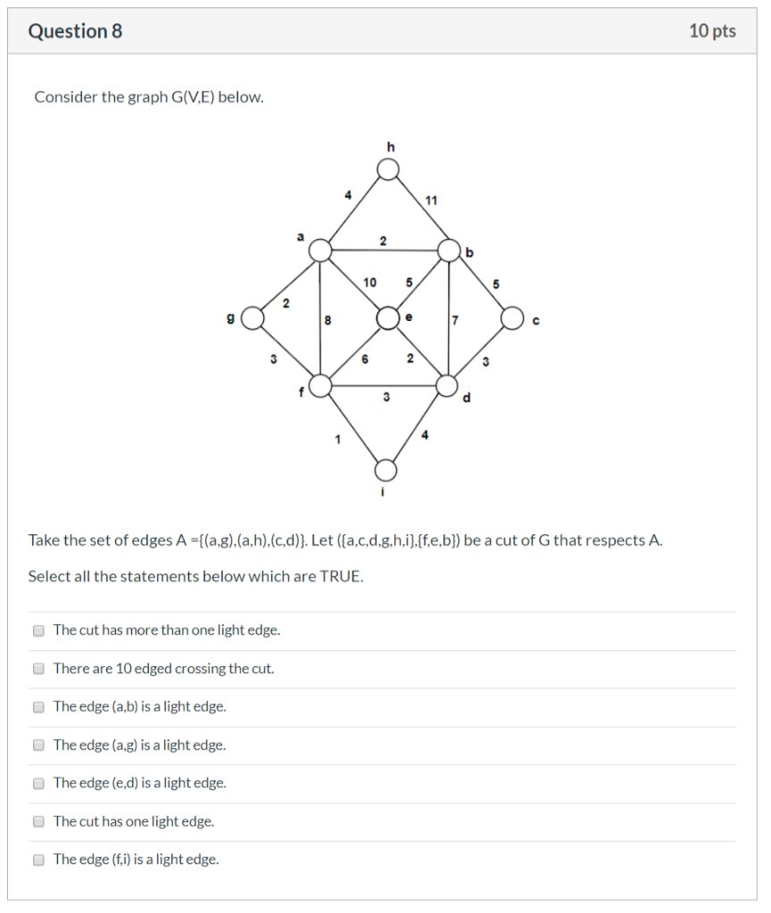 Solved Question 8 10 pts Consider the graph G(V,E) below. | Chegg.com Solved Question 8 10 pts Consider the graph G(V,E) below. | Chegg.com