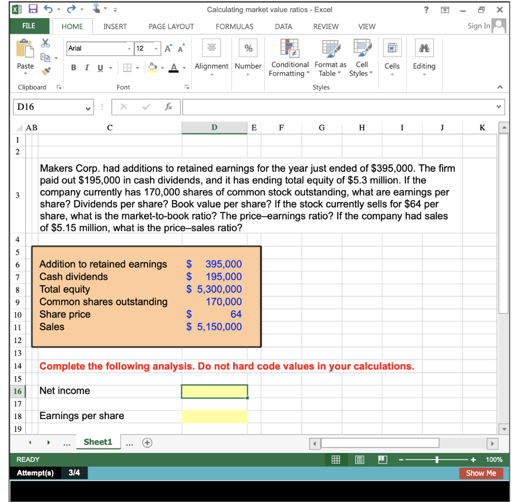 Solved XL Calculating market value ratios - Excel ? Х FILE | Chegg.com