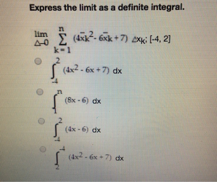 Solved Express the limit as a definite integral. In lim k=1 | Chegg.com