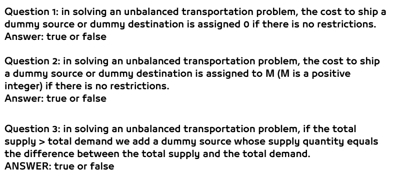 Solved Question 1: in solving an unbalanced transportation | Chegg.com