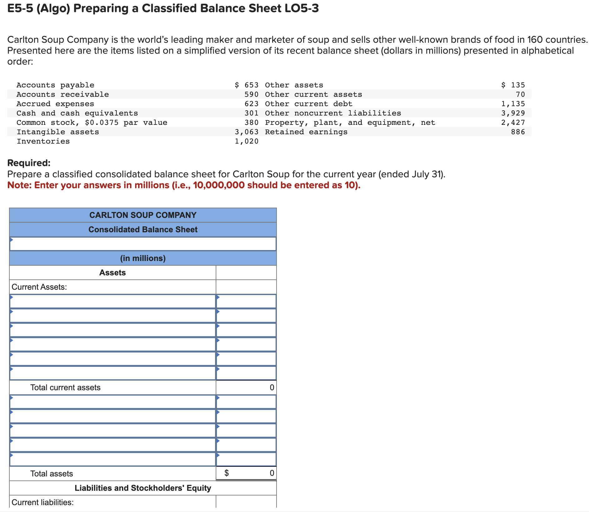 Solved E5-5 (Algo) Preparing a Classified Balance Sheet | Chegg.com