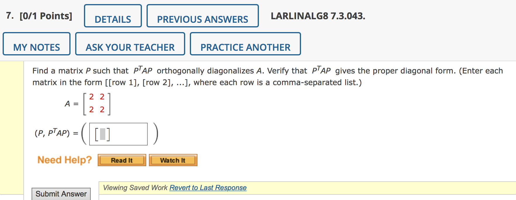 Solved 7. [0/1 Points] DETAILS PREVIOUS ANSWERS LARLINALG8 | Chegg.com