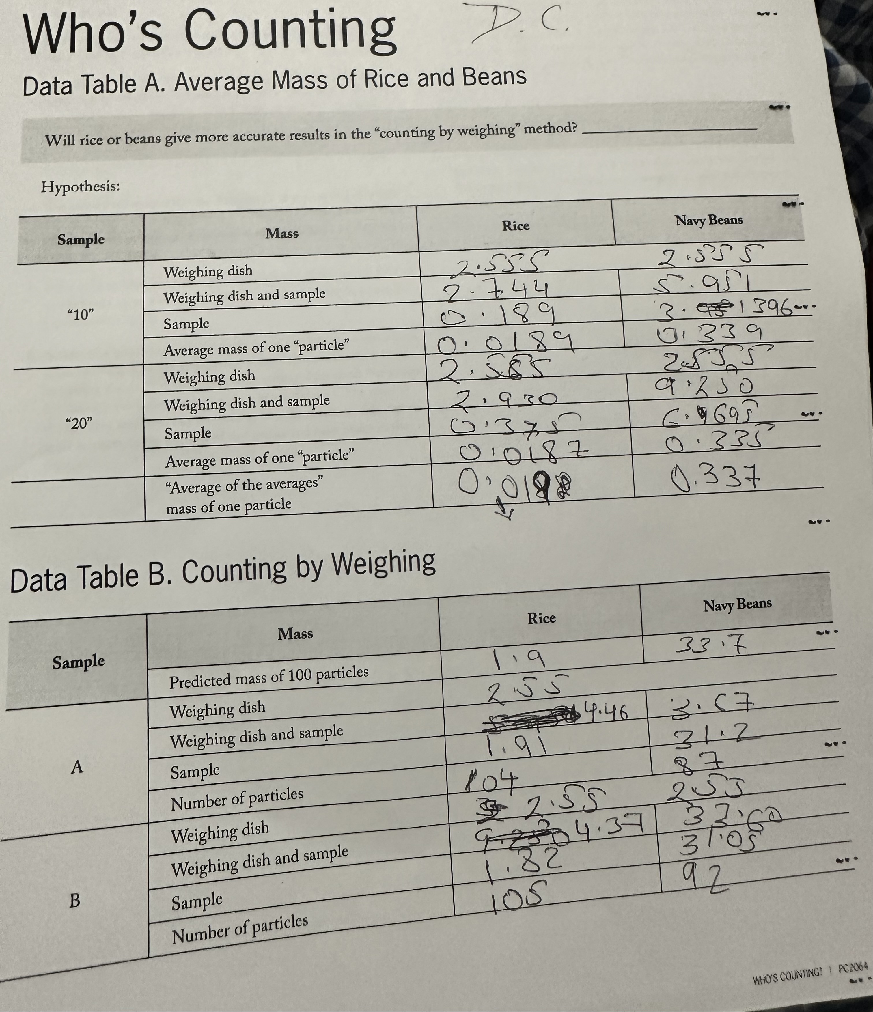 Solved Data Table A. Average Mass of Rice and Beans Will | Chegg.com
