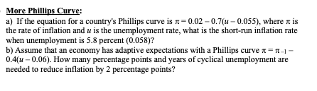 More Phillips Curve: a) If the equation for a | Chegg.com