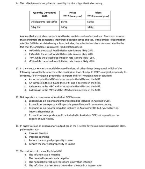 Solved 16. The table below shows price and quantity data for | Chegg.com