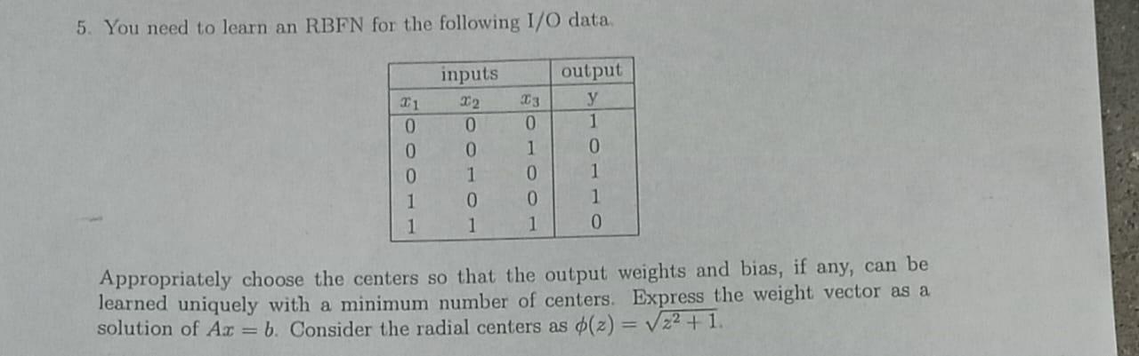 Solved 5. You need to learn an RBFN for the following I/O | Chegg.com
