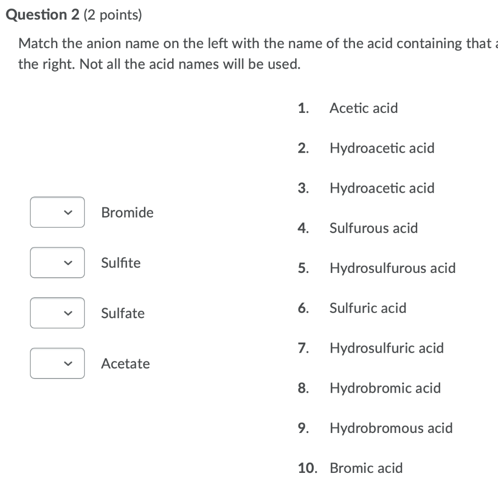 Solved Question 2 (2 points) Match the anion name on the | Chegg.com