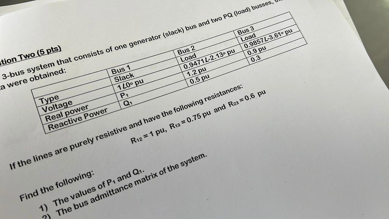 Solved stion Two (5 pts) 3-bus system that consists of one | Chegg.com
